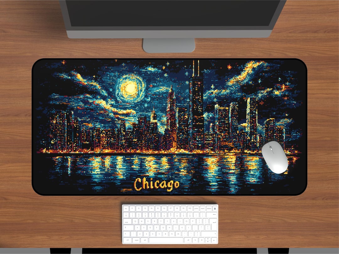 Retro Chicago Desk Mat | Pixel Art Mousepad, Night Skyline Desk Pad, 8 ...