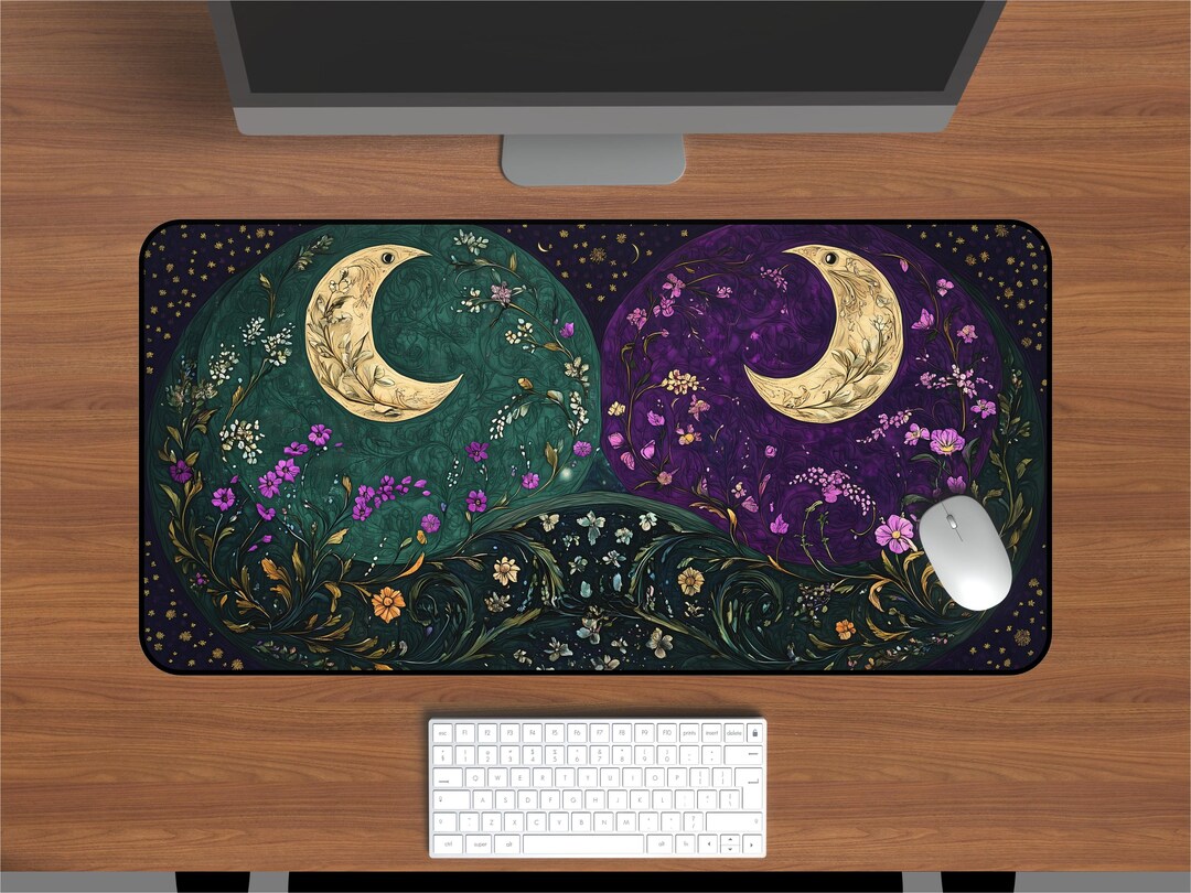 Dual Crescent Moon Desk Mat Large Mouse Pad With Floral Celestial ...