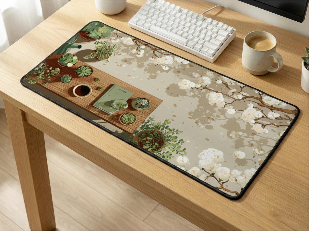Minimalist Desk Mat: Wooden Shelf Mouse Pad, Plant Lover Decor ...