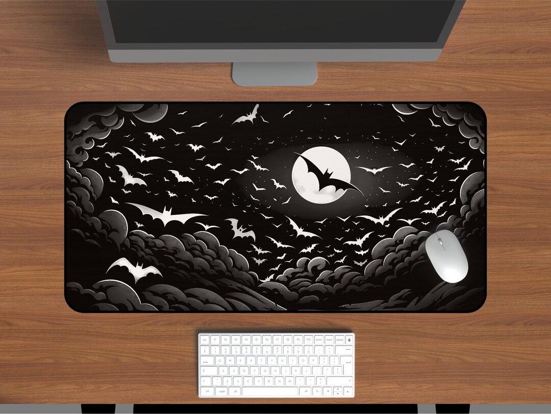 Gothic Bat Desk Mat Night Sky Mousepad, Black and White Keyboard Mat ...