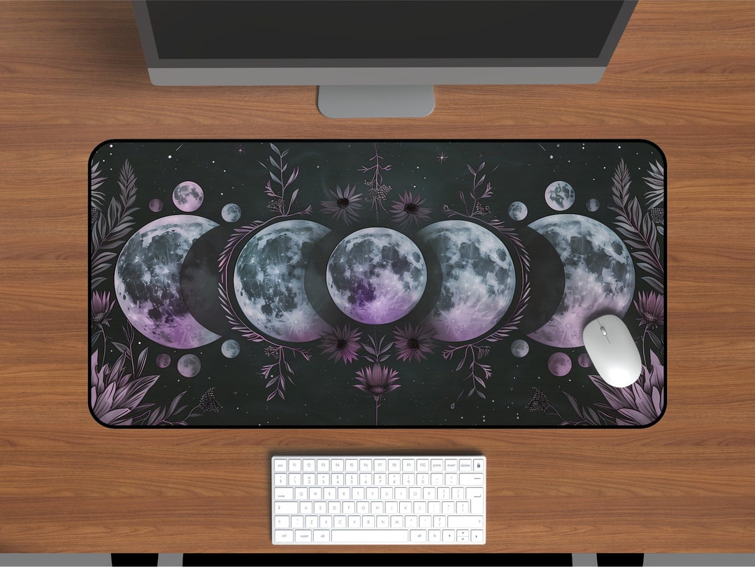 Triple Moon Desk Mat | Moon Phase Mousepad, Purple Lunar Desk Pad, Dark ...