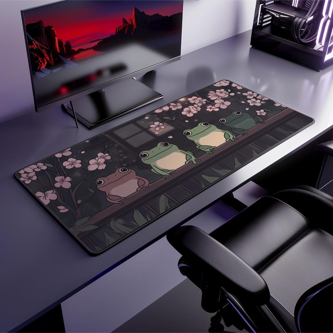 Cherry Blossom Frog Desk Mat Kawaii Frog Mousepad With Blossoms Cute Lo ...