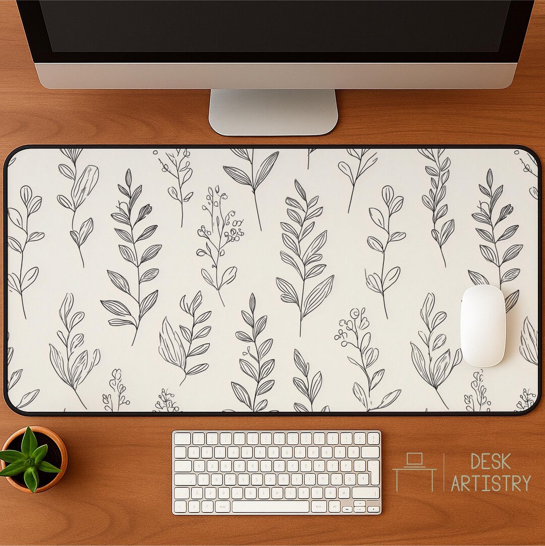 Botanical Desk Mat | Minimalist Leaf Mousepad in Black and White | Line ...