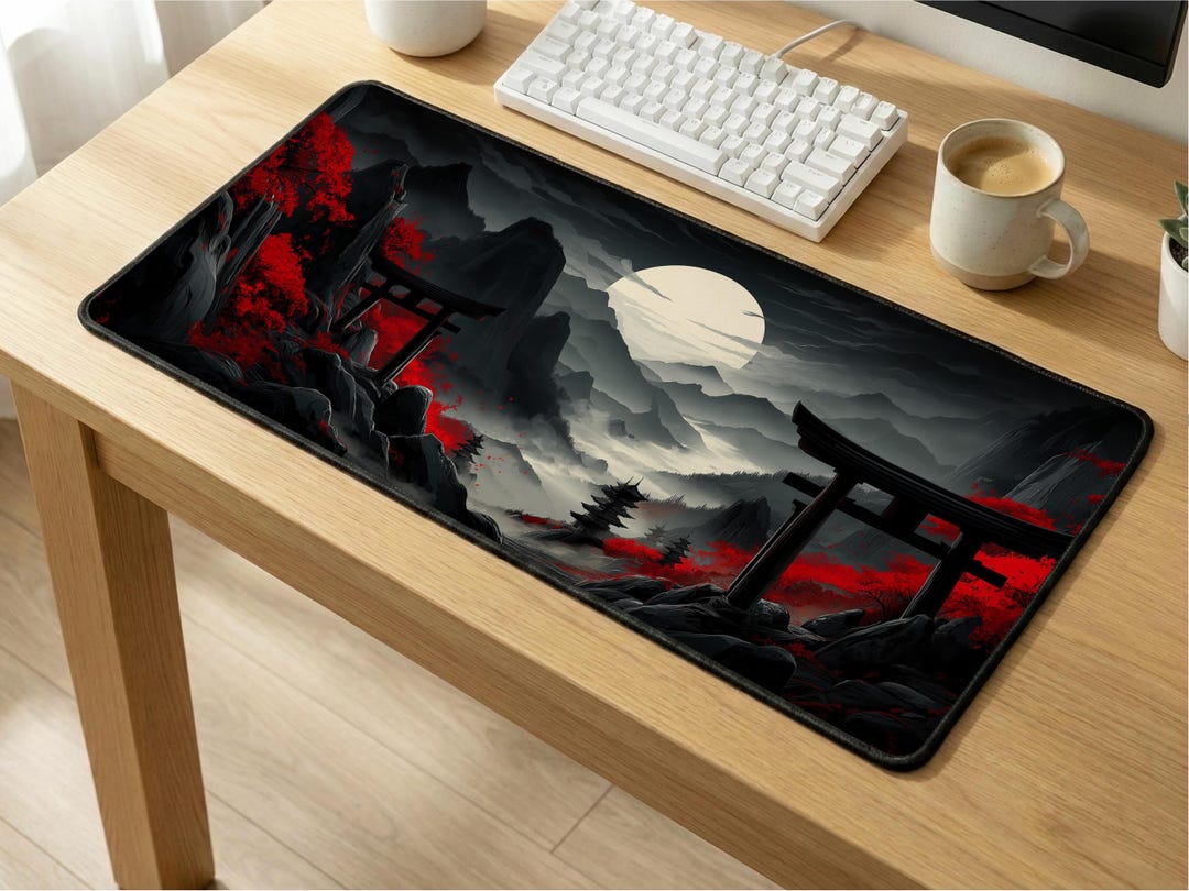 Red Torii Gate Desk Mat: Japanese Landscape Mouse Pad, Dark Anime Decor ...