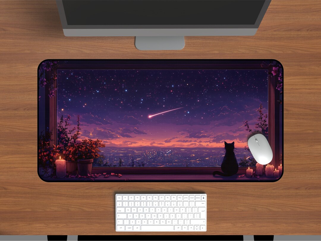 Lo-fi Desk Mat, Shooting Star Lofi Mousepad, Aesthetic Black Cat Desk ...