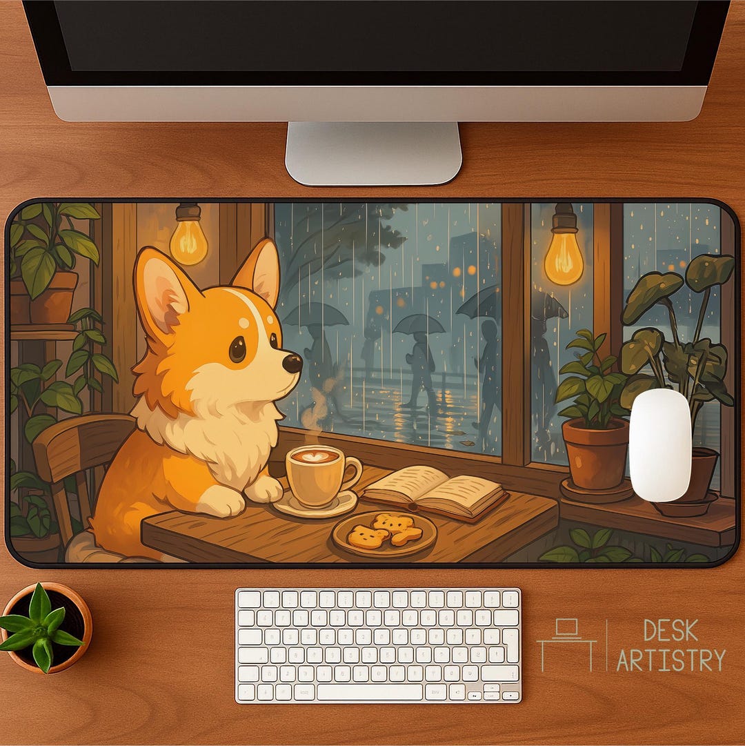 Buy Cozy Corgi Desk Mat | Rainy Day Cafe Mousepad | Cute Dog Desk Pad ...