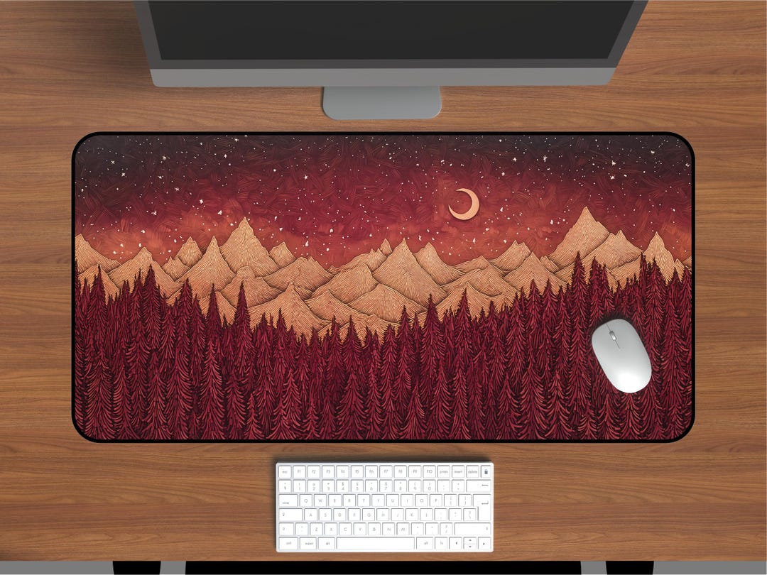Faux Carved Wood Desk Mat - Red Forest & Mountain Scene, Ideal Gift for ...