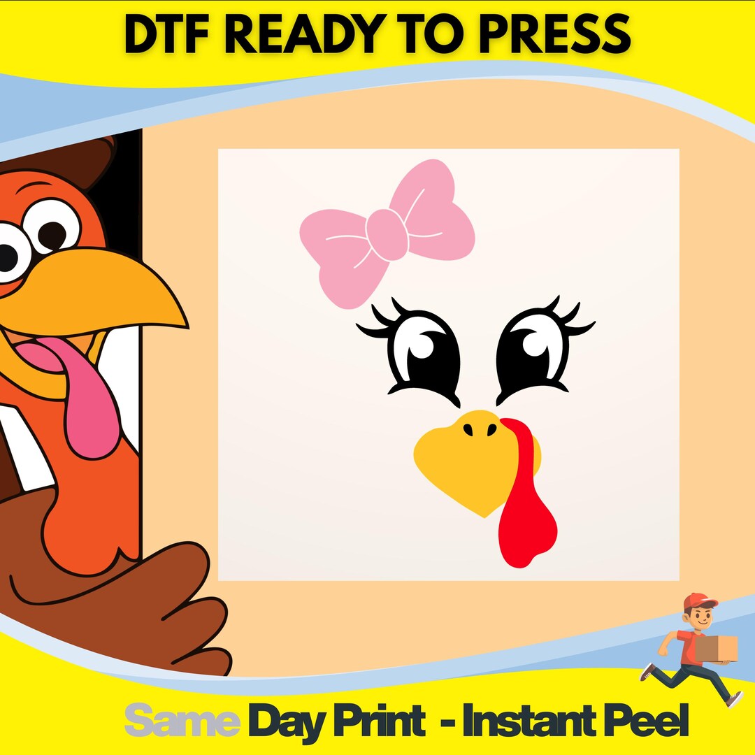DTF Transfer, Cute Turkey Face With Pink Bow, Ready to Press Heat ...