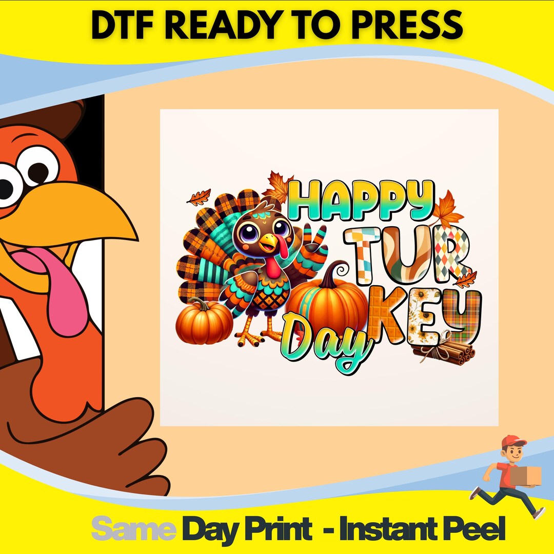 DTF Transfer, Thanksgiving Turkey and Pumpkin, Vibrant Autumn Colors ...