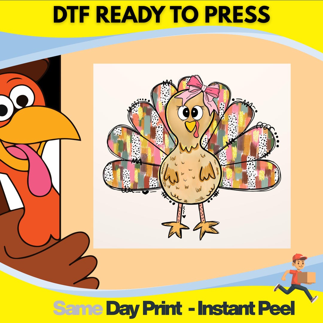DTF Transfer, Cute Turkey With Pink Bow, Ready to Press, Colorful ...