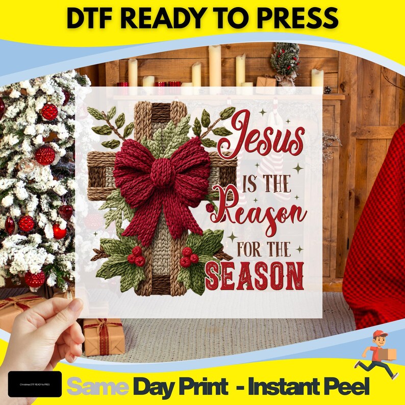 DTF Transfer, Cross With Yarn Texture, Festive Red Bow, Custom DTF ...