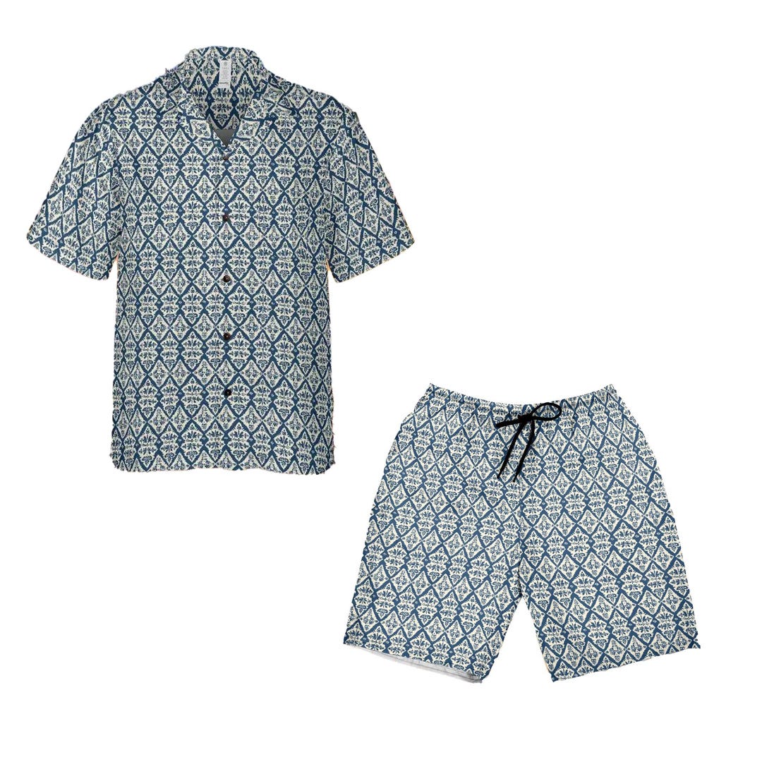 Blue and White Batik-inspired Aloha Shirt and Shorts, Open Collar Camp ...