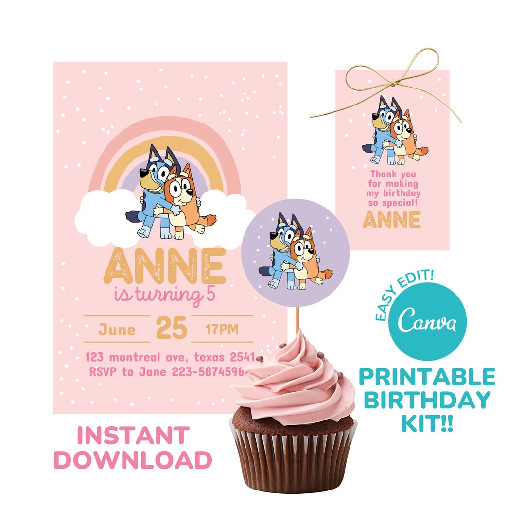 Editable Bluey Birthday Kit, Printable Birthday Party Invitations and ...