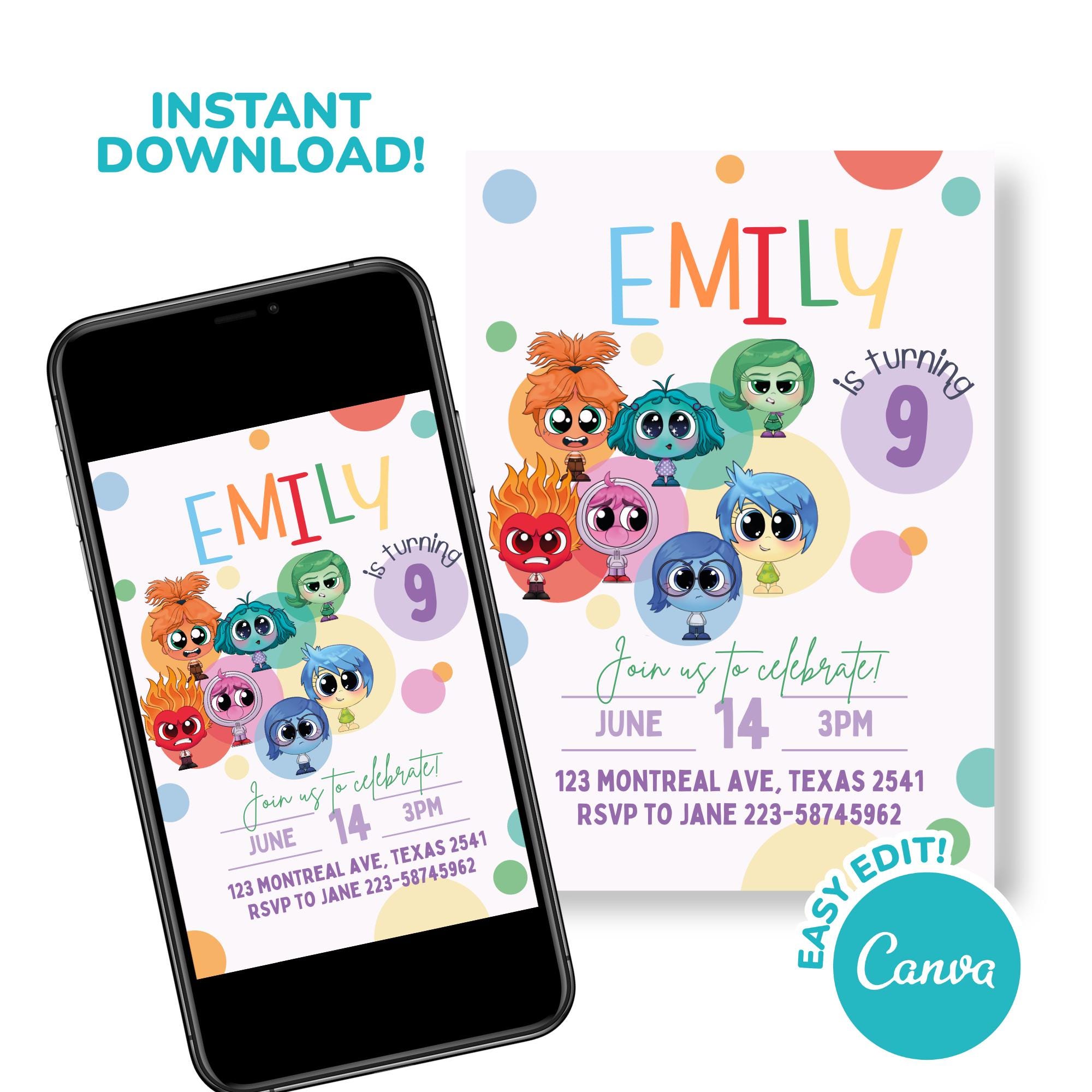 Inside Out Intensamente Digital Birthday Invitation Printable and ...