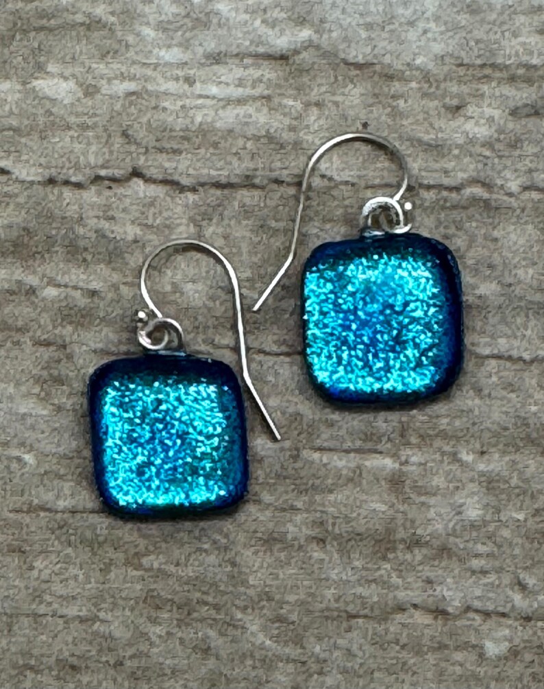 Shimmering Aqua Teal Blue Square Fused Dichroic Glass Drop Earrings ...