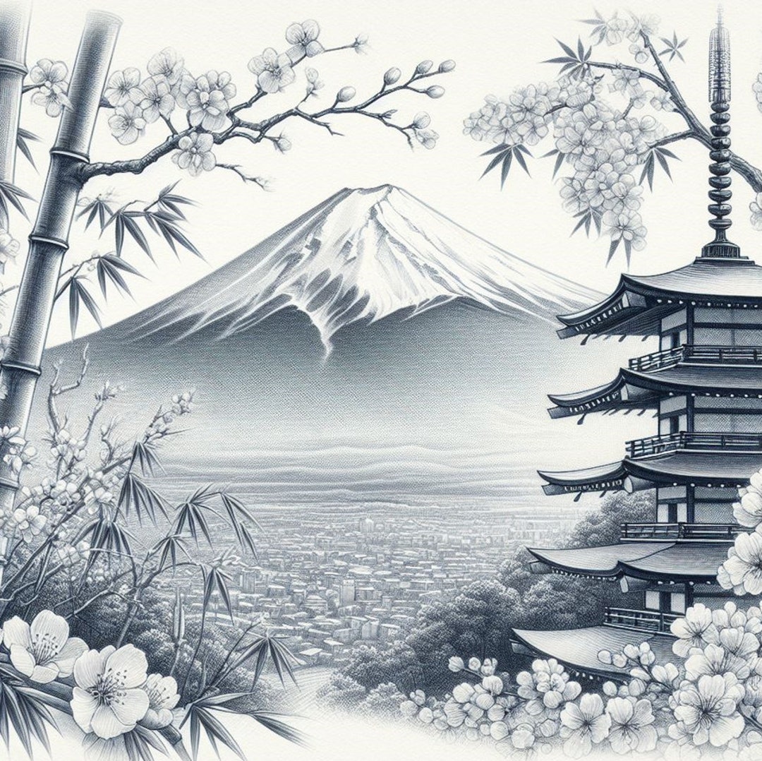 Japanese Mountain Pencil Sketch Digital Art Instant Download Art ...