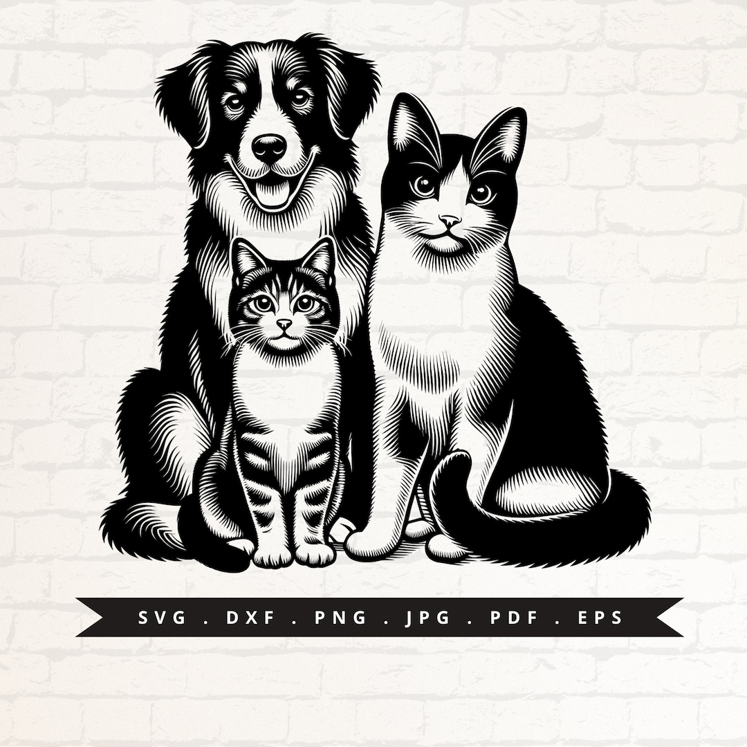 One Dog and Two Cats Cat and Dog Silhouettes Svg Eps Dxf Jpg Png Pdf - Etsy