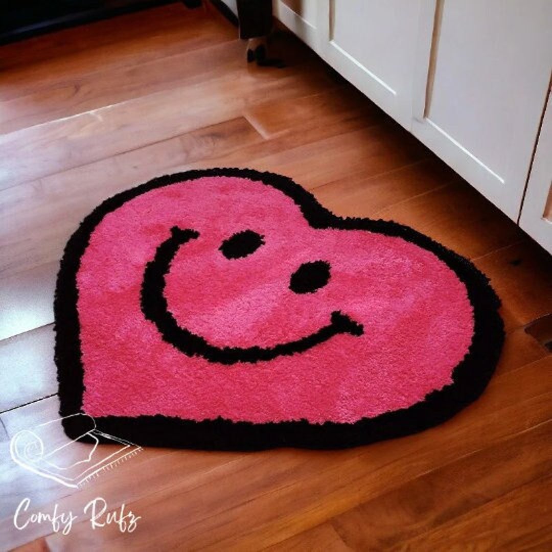Smiley Heart Shape Pink Bathroom Rug, Pink Handmade Tufted Carpet, Love ...