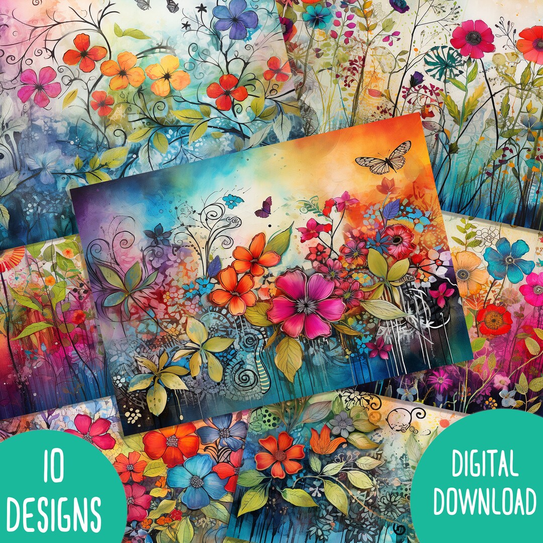 Bright Colourful Art Journal Flowers Printable Papers, Junk Journal ...
