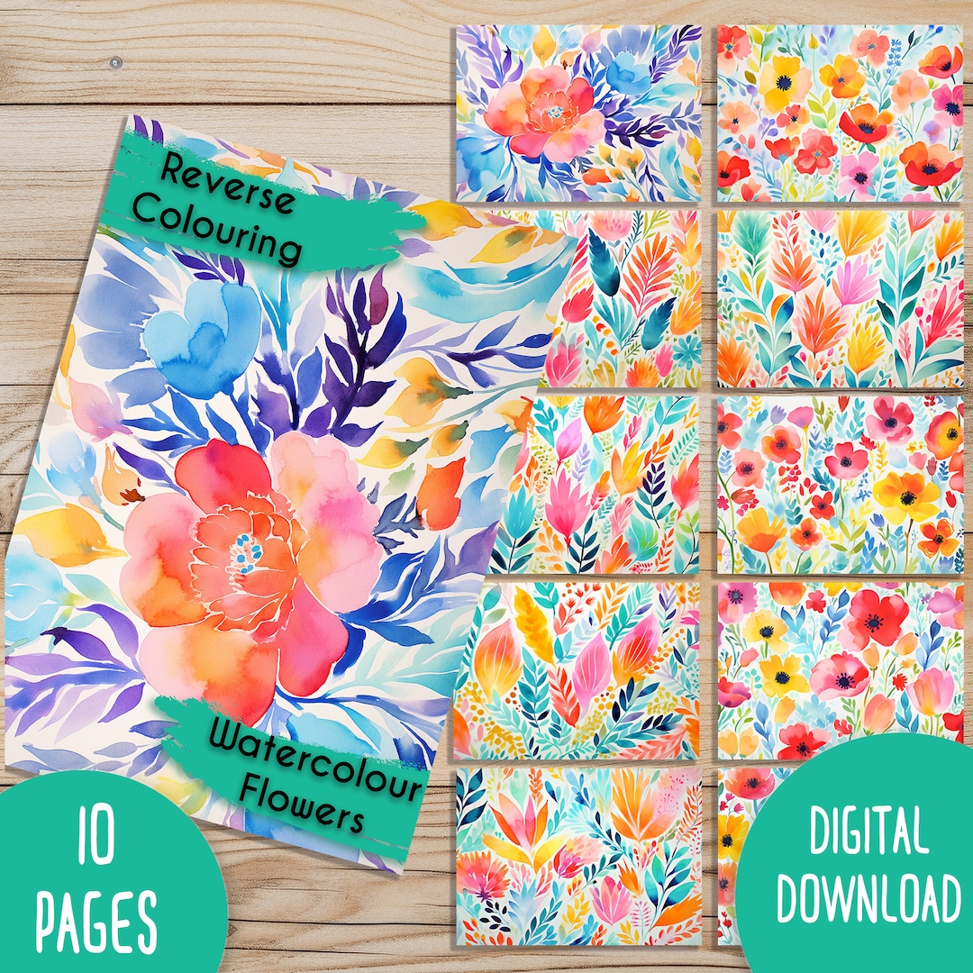 Watercolour Flowers Reverse Colouring Pages, Instant Download Inverse ...