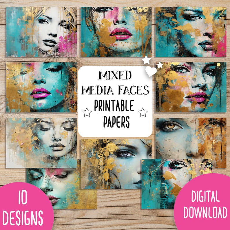 Mixed Media Faces Junk Journal Digital Paper Pack, Instant Download ...