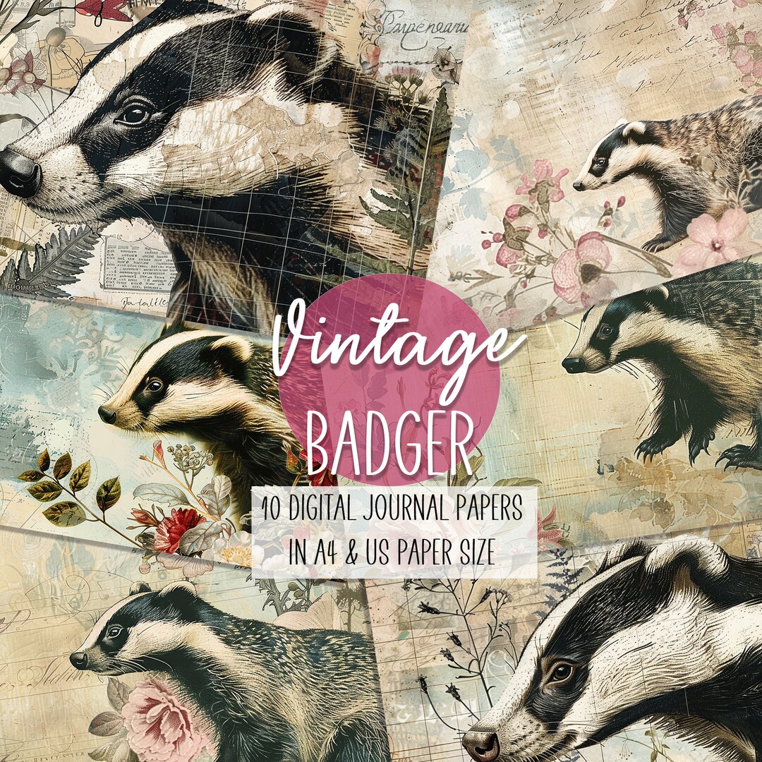 Vintage Badger Junk Journal Floral Printable Papers, Wildlife Collage Art Journal Instant ...