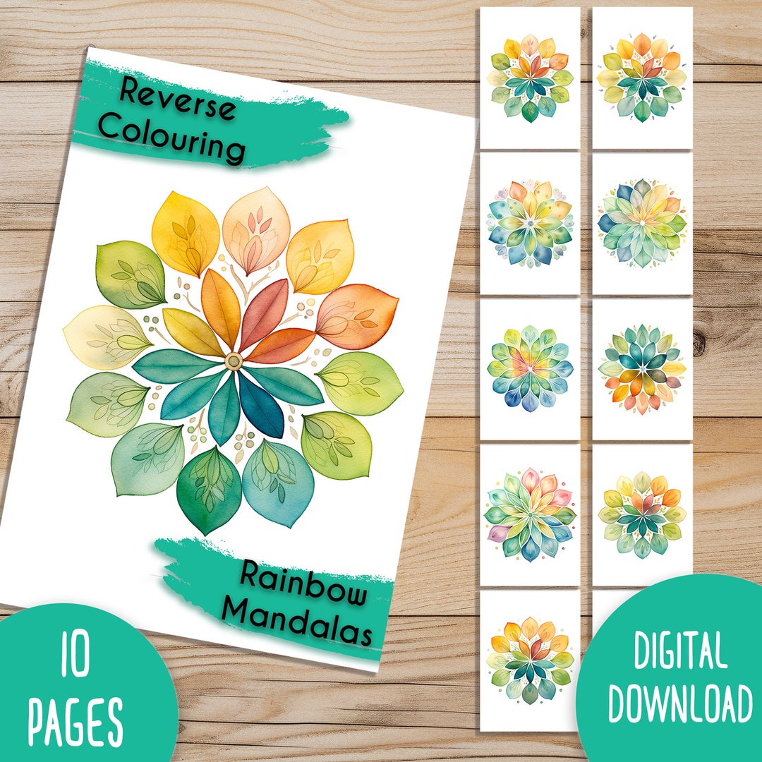 Rainbow Mandala Watercolour Reverse Colouring Pages, Instant Download ...