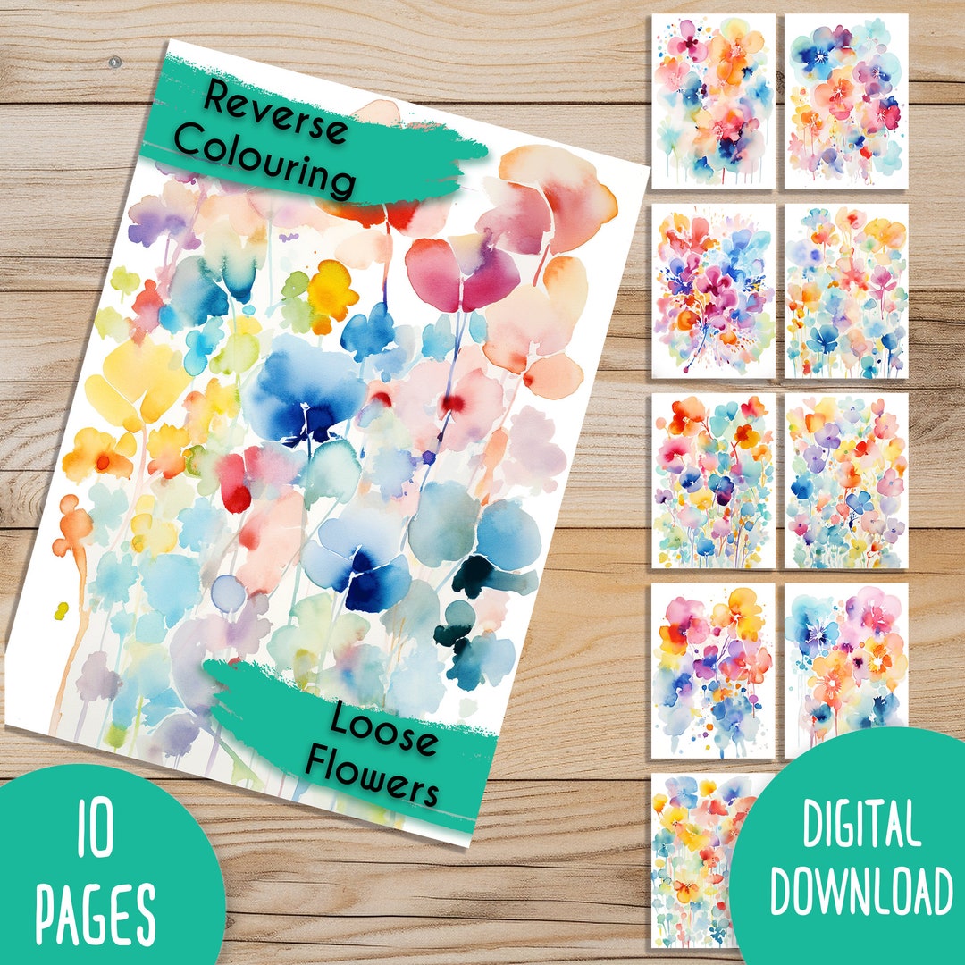 Loose Watercolour Flowers Reverse Colouring Pages, Instant Download ...