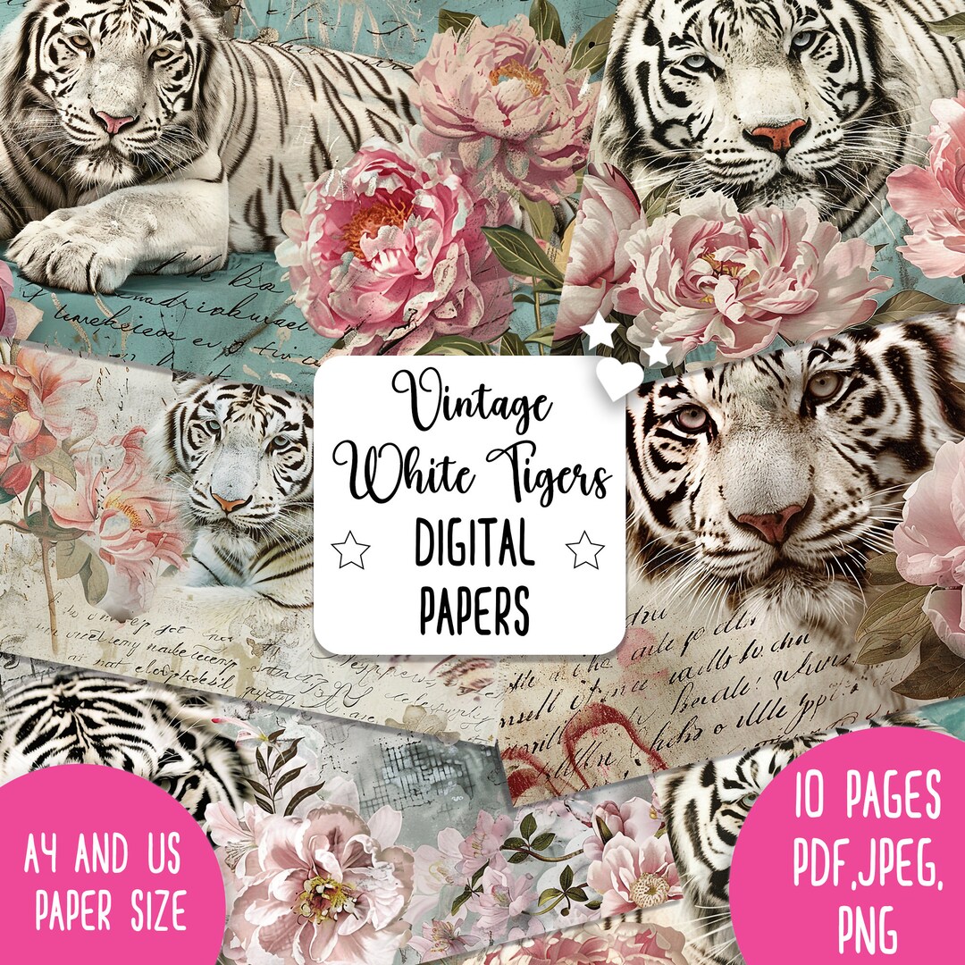 Vintage White Tigers Junk Journal Digital Paper Pack, Instant Download ...
