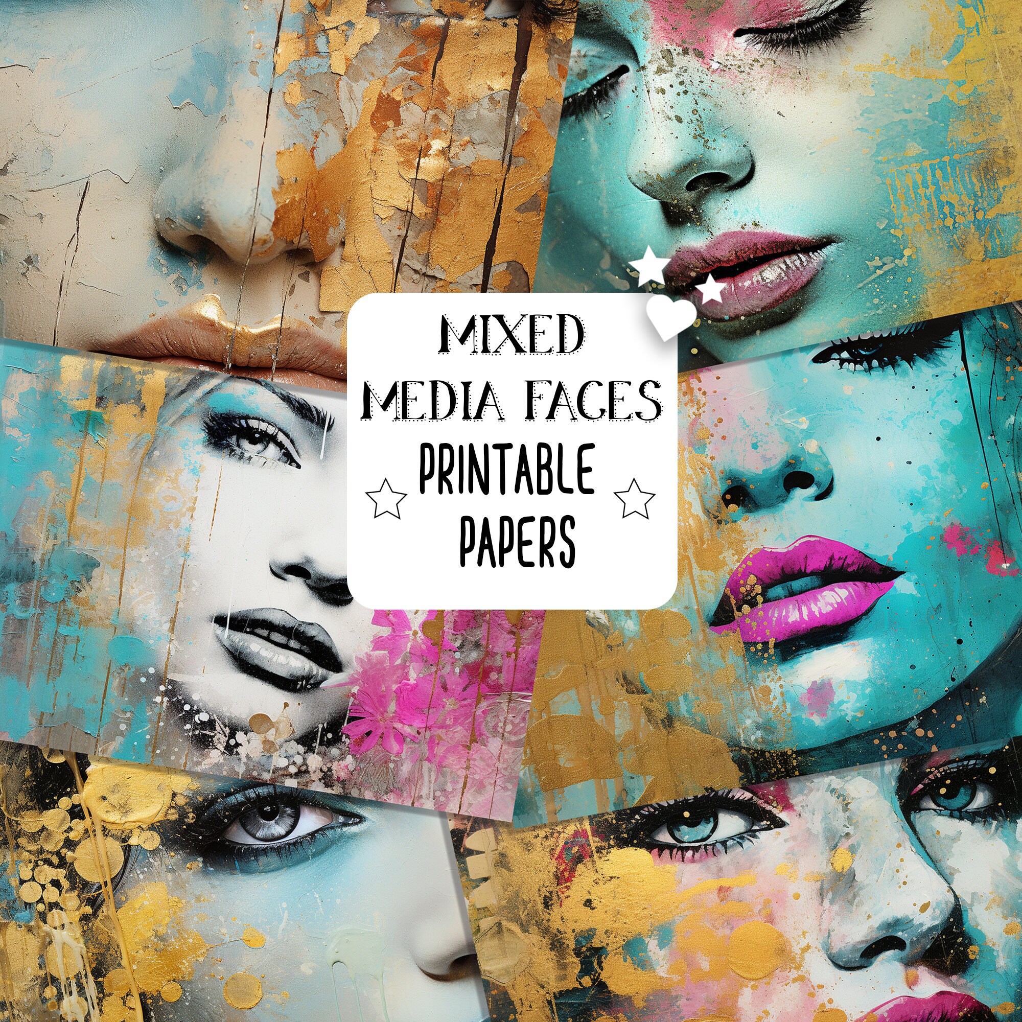 Mixed Media Faces Junk Journal Digital Paper Pack, Instant Download ...