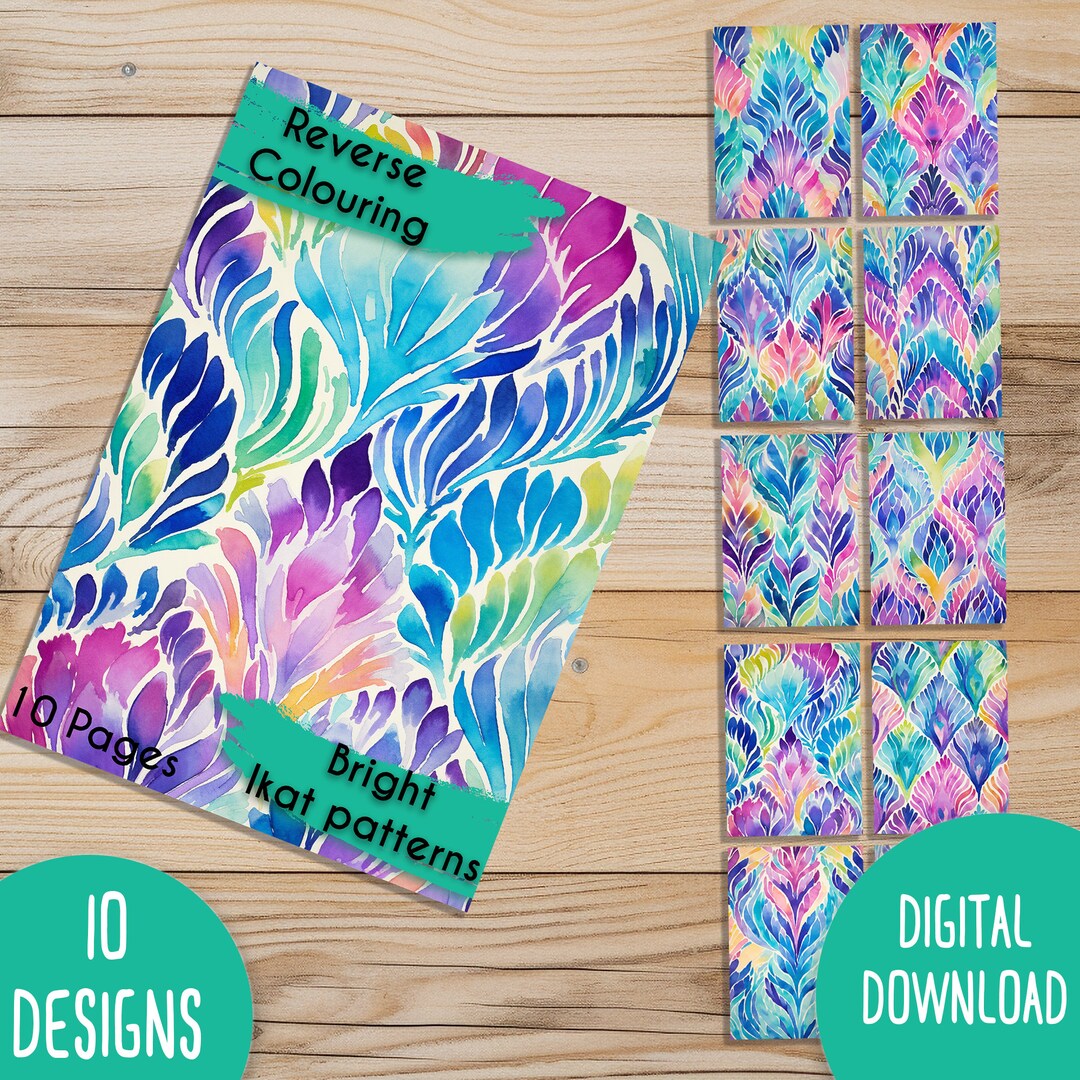 Watercolour Bright Ikat Pattern Reverse Colouring Pages, Instant ...