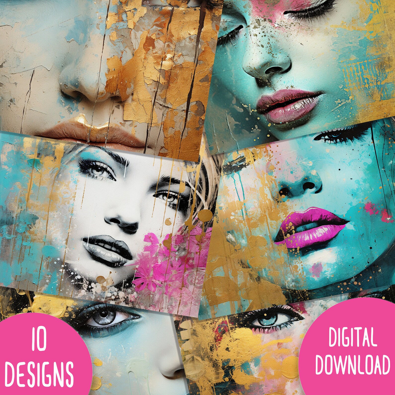 Mixed Media Faces Junk Journal Digital Paper Pack, Instant Download ...