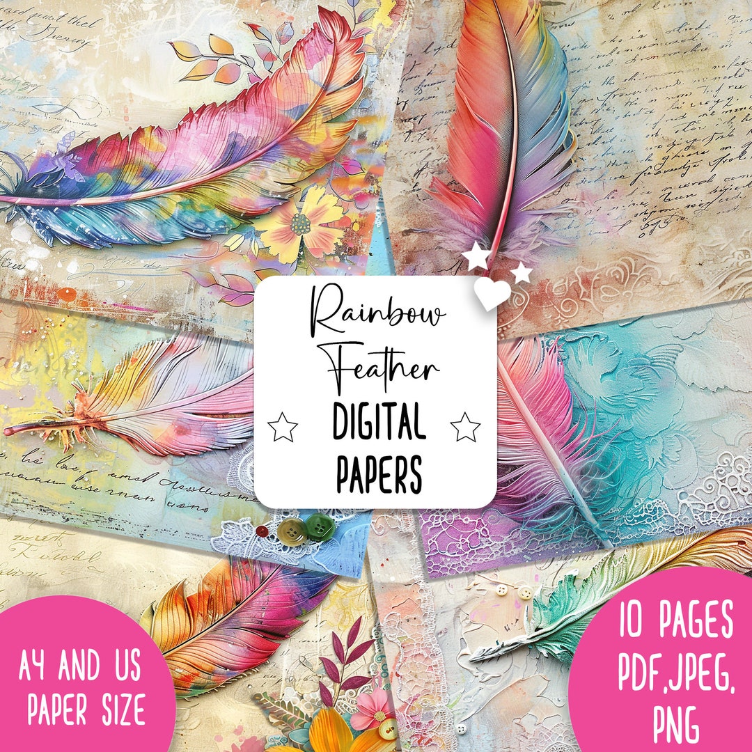 Rainbow Feather Junk Journal Floral Printable Papers, Mixed Media ...