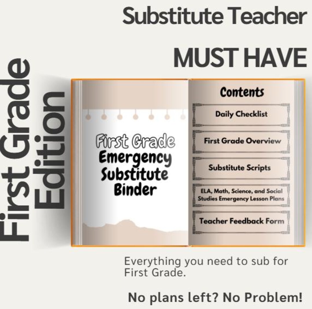 First Grade Substitute Teacher Binder | Emergency, No Prep (digital PDF ...