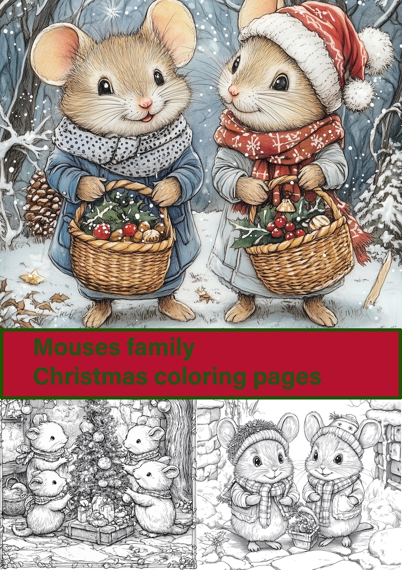 Atmospheric Christmas Mouse Family Coloring Pages - Etsy