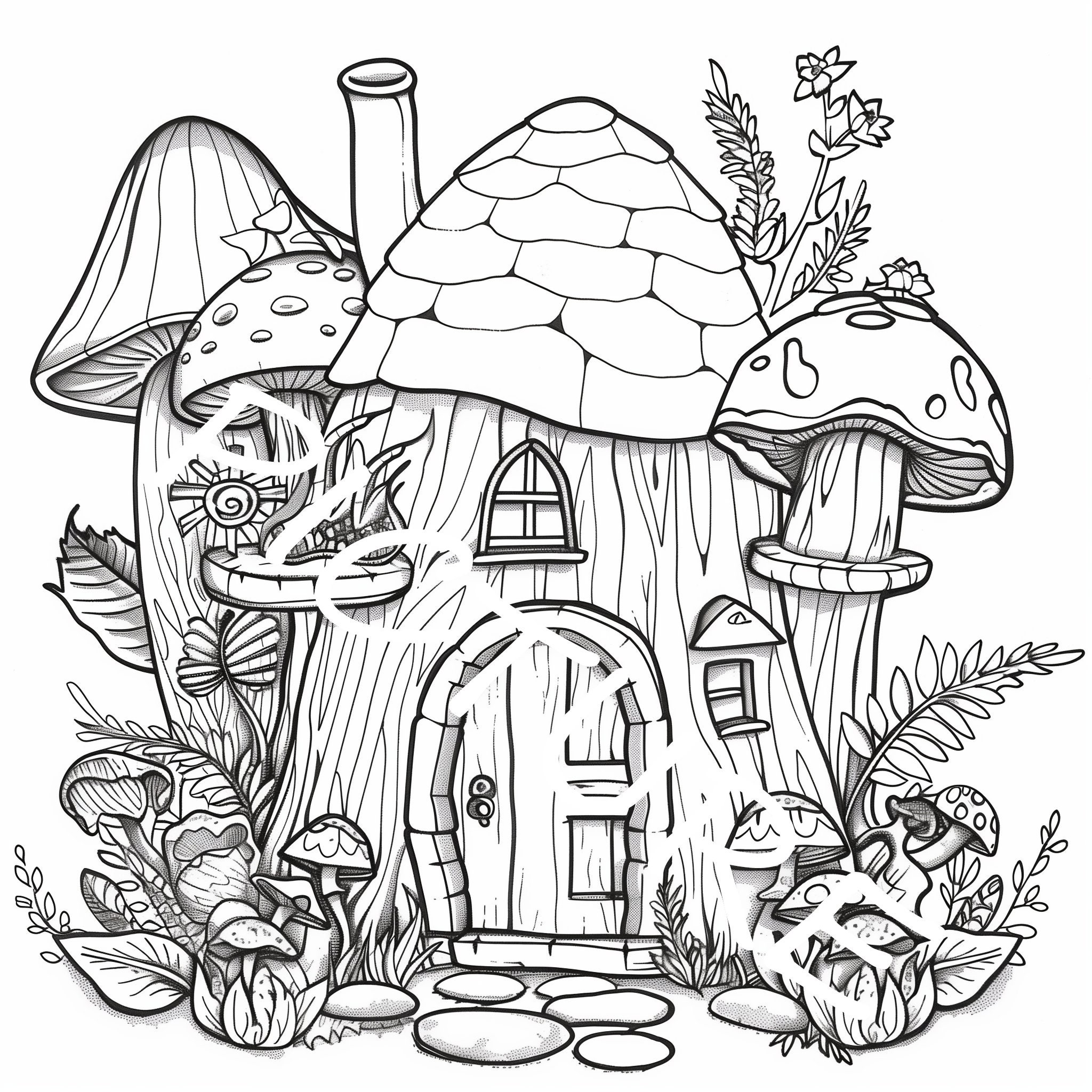 5 Coloring Pages for Kids Charming Mushroom Houses - Etsy
