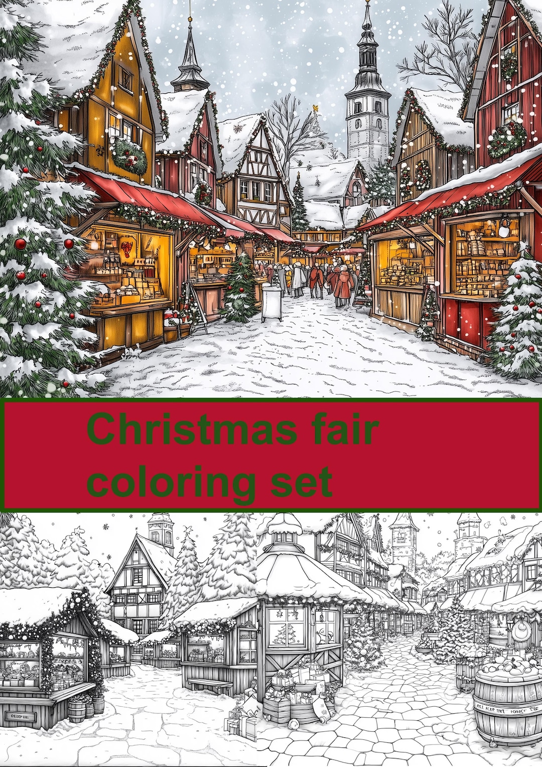 Christmas Market Coloring Pages , Festive Winter Holiday Digital ...