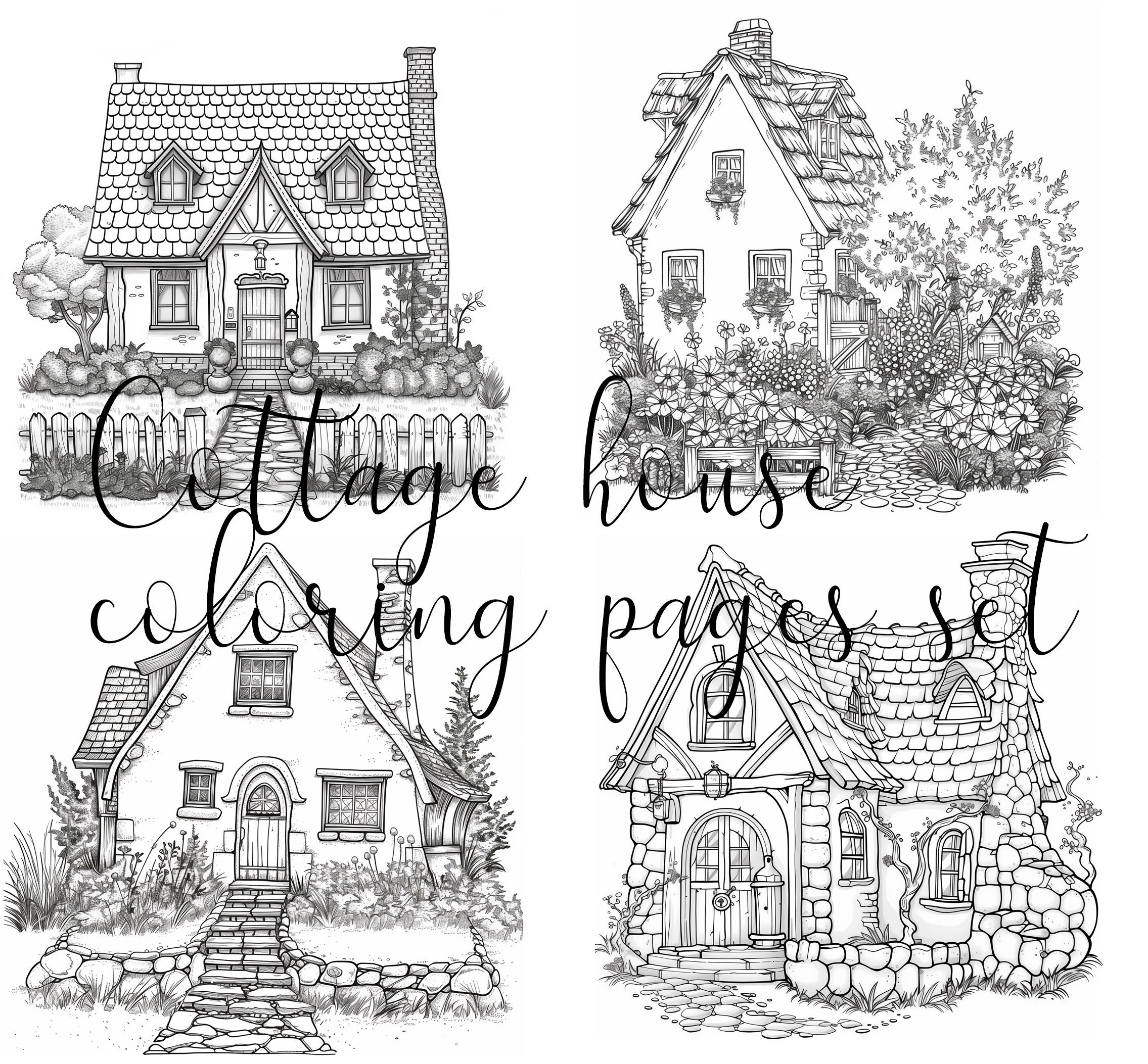 Coloring 4 Pages Small Cottage With a Garden - Etsy