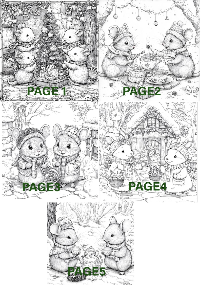 Atmospheric Christmas Mouse Family Coloring Pages - Etsy