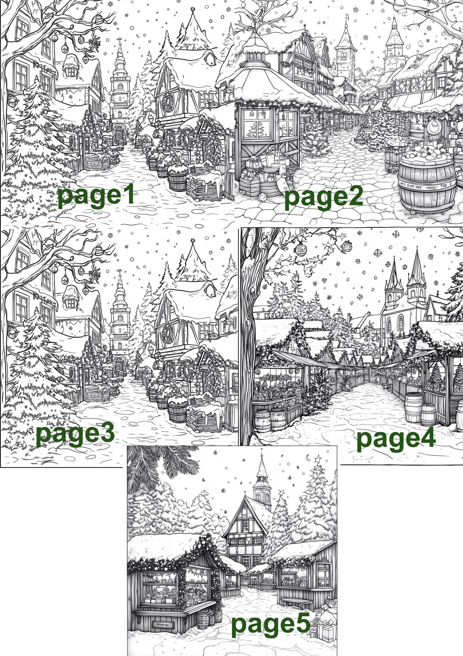 Christmas Market Coloring Pages , Festive Winter Holiday Digital ...