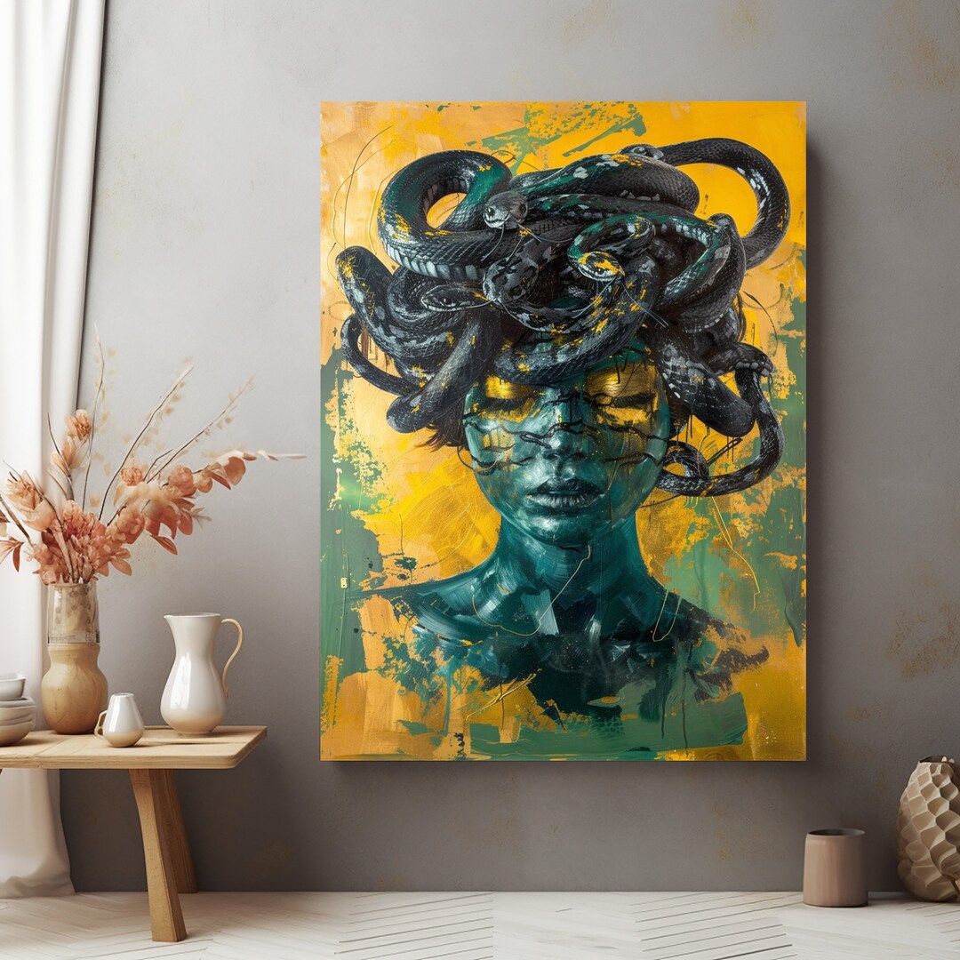 Creative Painting of Head of Female Medusa, Snakes on a Head, Black ...
