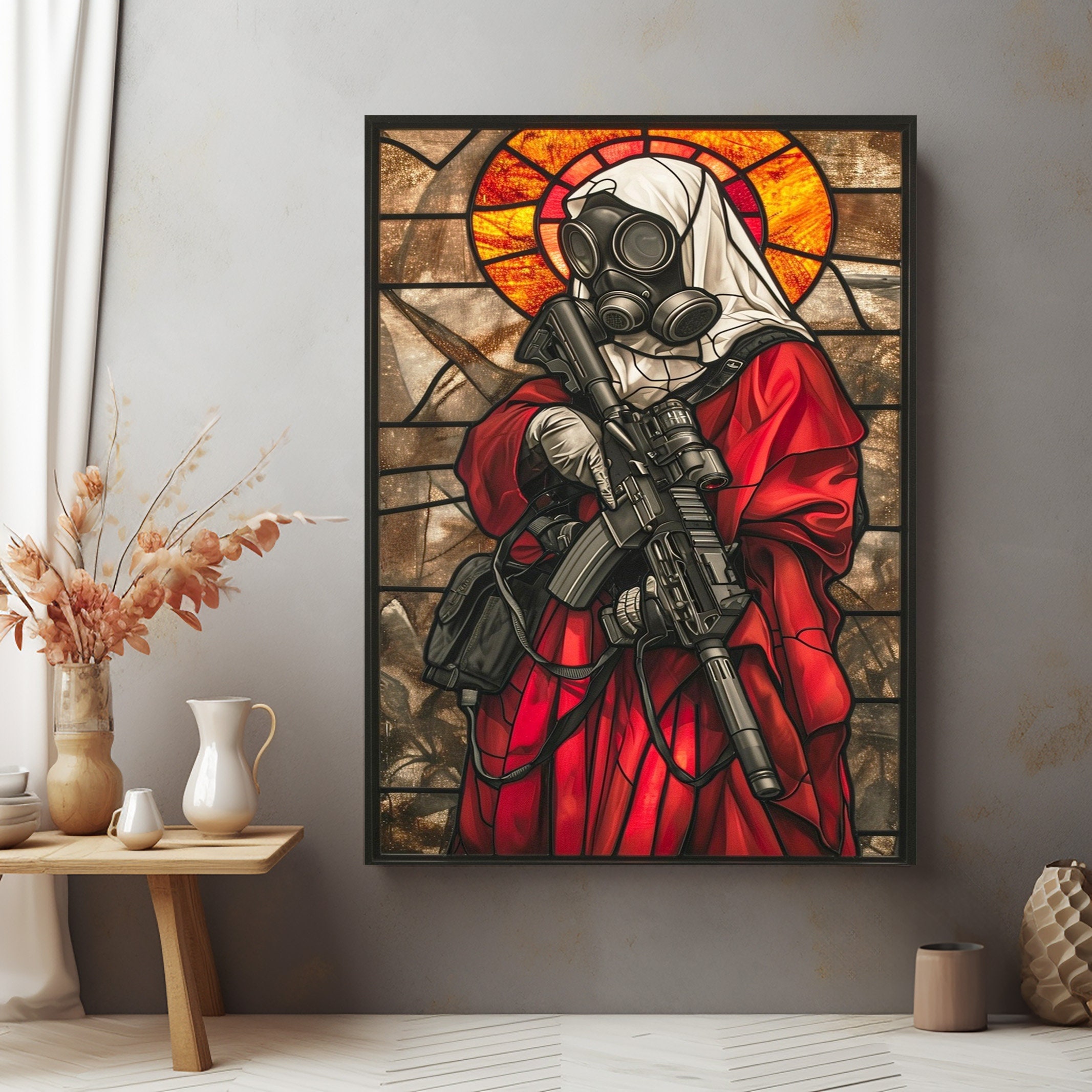 A Nun With a Gas Mask and an M16 Rifle on Stained Glass - Etsy