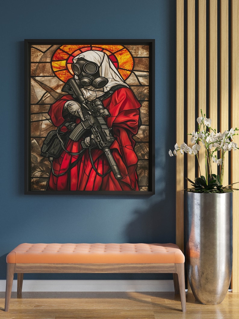A Nun With a Gas Mask and an M16 Rifle on Stained Glass - Etsy