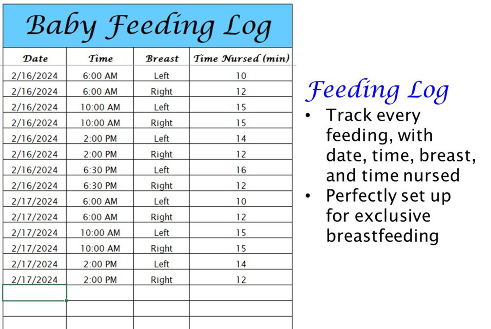 Complete Baby Tracker Excel Spreadsheet, Feeding, Diaper, and Sleep Log ...