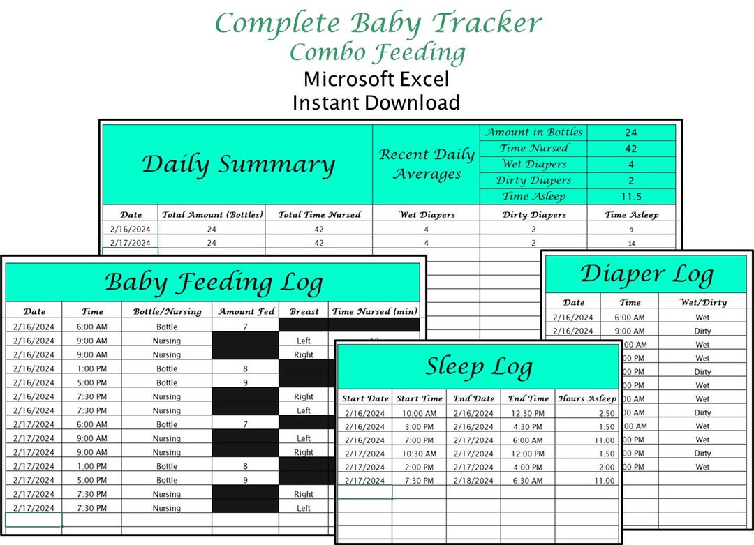 Complete Baby Tracker Excel Spreadsheet, Feeding, Diaper, and Sleep Log ...