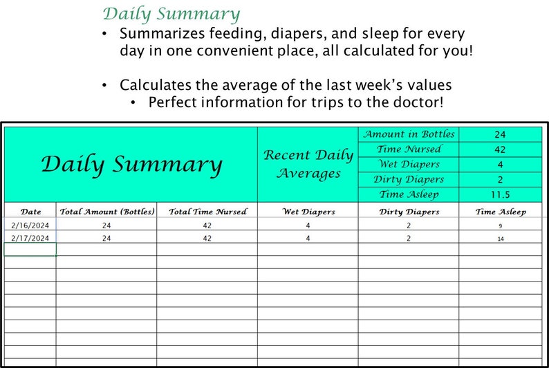 Complete Baby Tracker Excel Spreadsheet, Feeding, Diaper, and Sleep Log ...