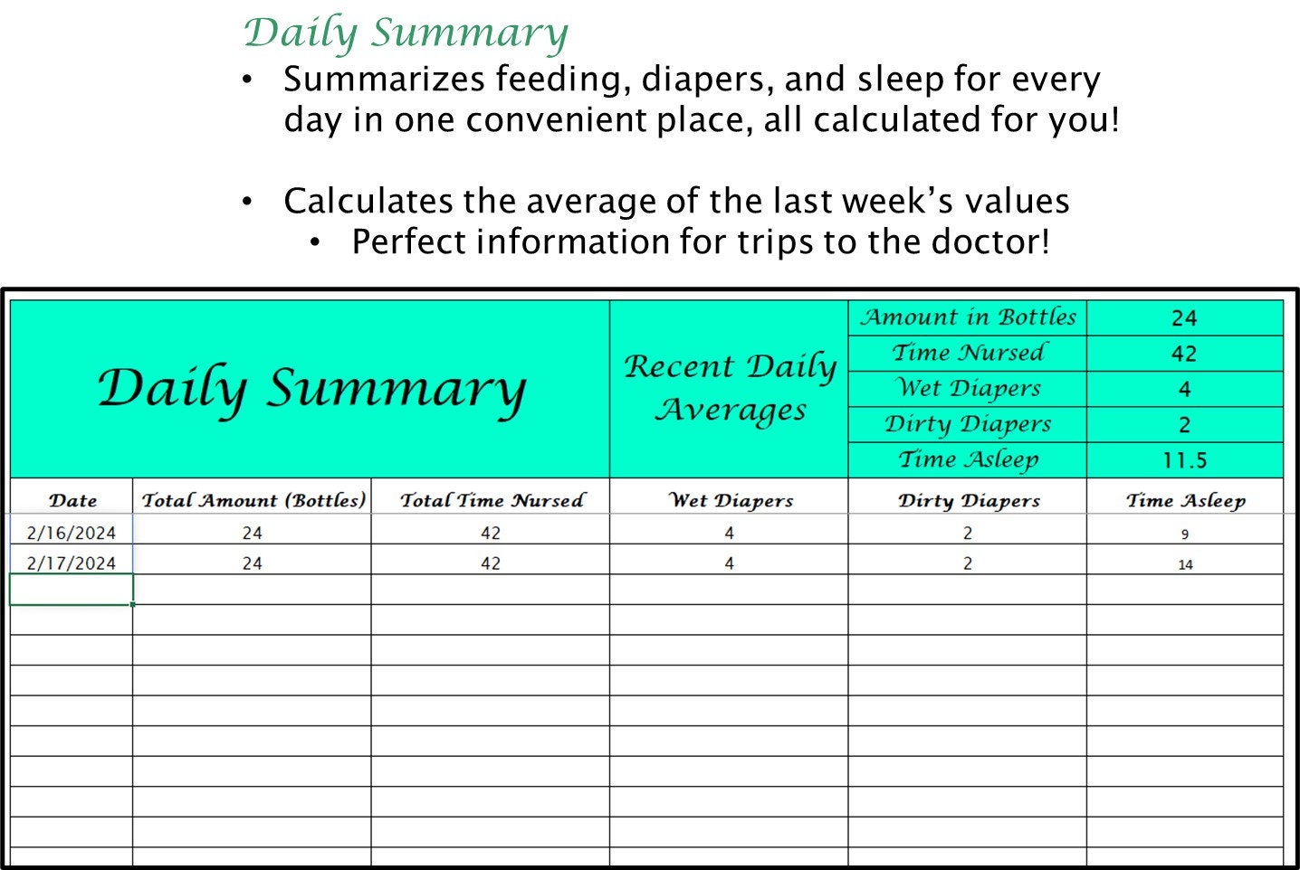 Complete Baby Tracker Excel Spreadsheet, Feeding, Diaper, and Sleep Log ...
