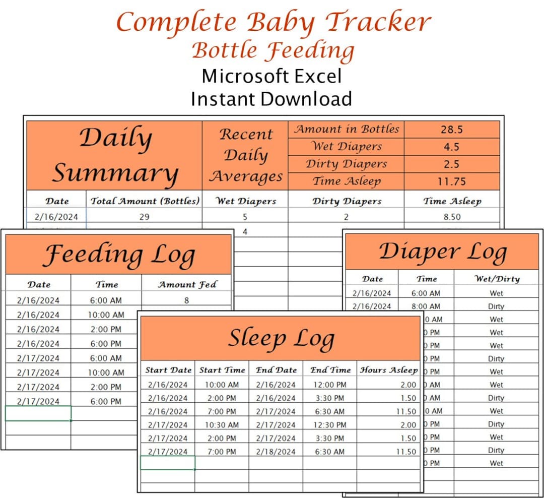 Complete Baby Tracker Excel Spreadsheet, Feeding, Diaper, and Sleep Log ...