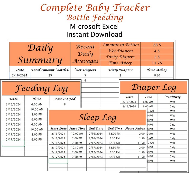 Complete Baby Tracker Excel Spreadsheet, Feeding, Diaper, and Sleep Log ...