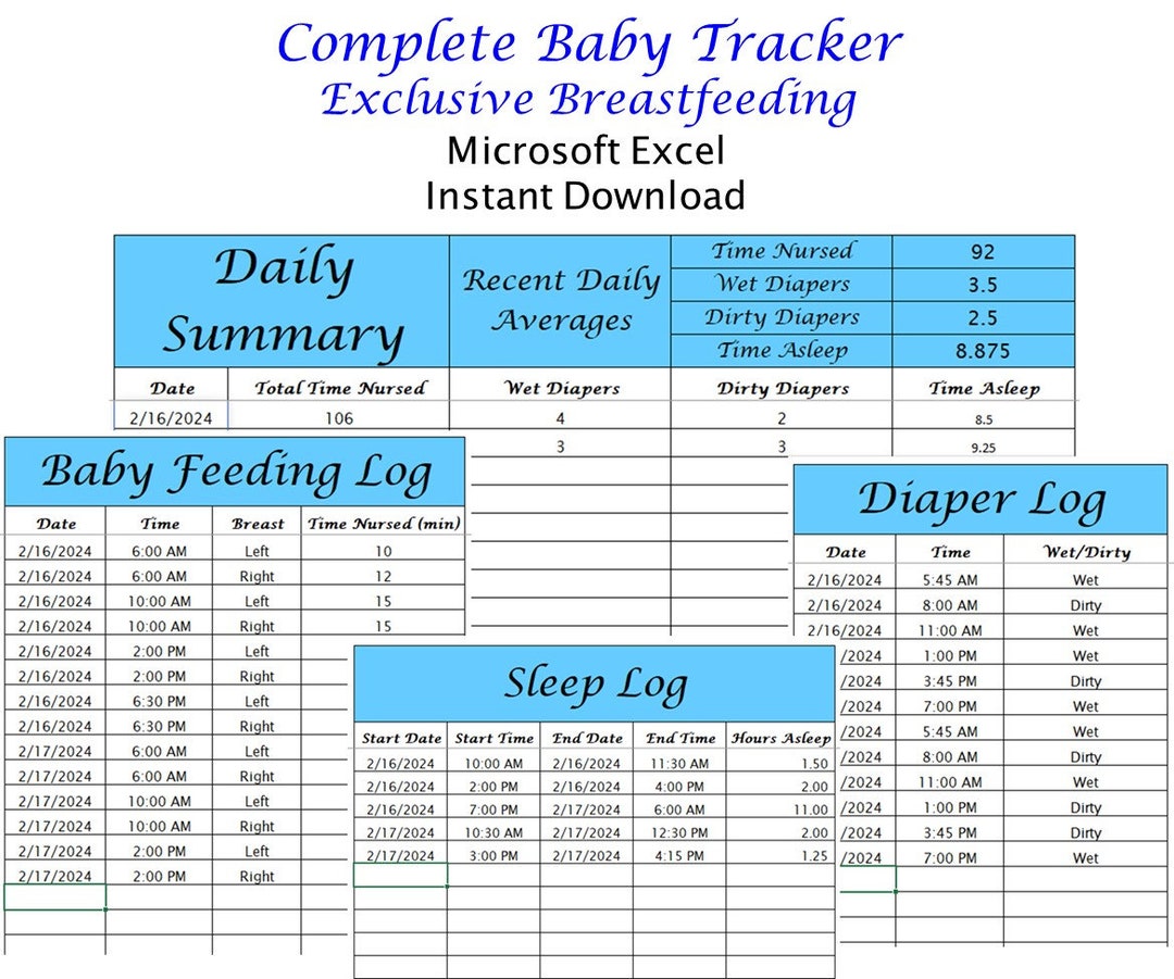 Complete Baby Tracker Excel Spreadsheet, Feeding, Diaper, and Sleep Log ...